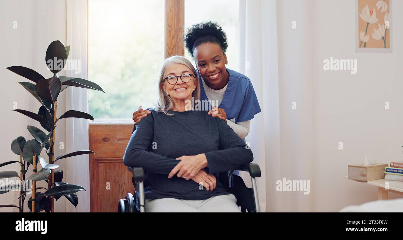 Senior care, nurse and old woman with wheelchair, portrait and smile in health at nursing home ...