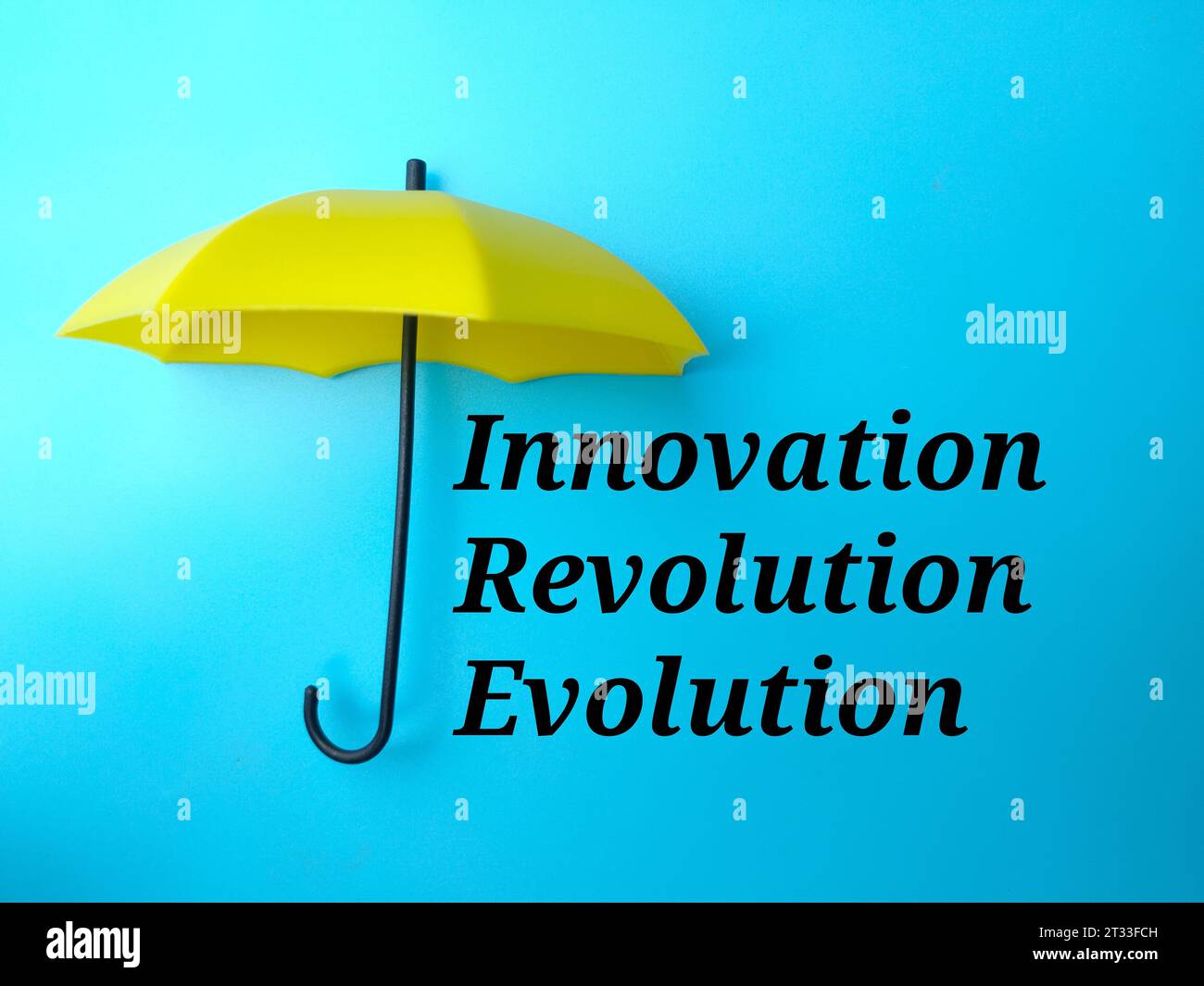 Umbrella with text Innovation Revolution Evolution on a blue background ...