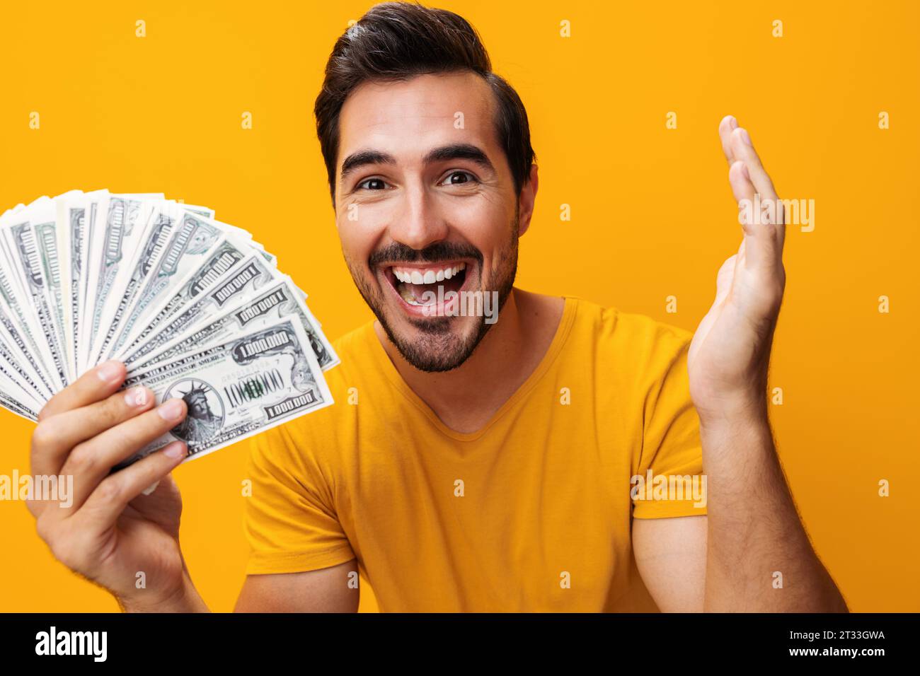 Rich man business background yellow hand surprised cash finance ...