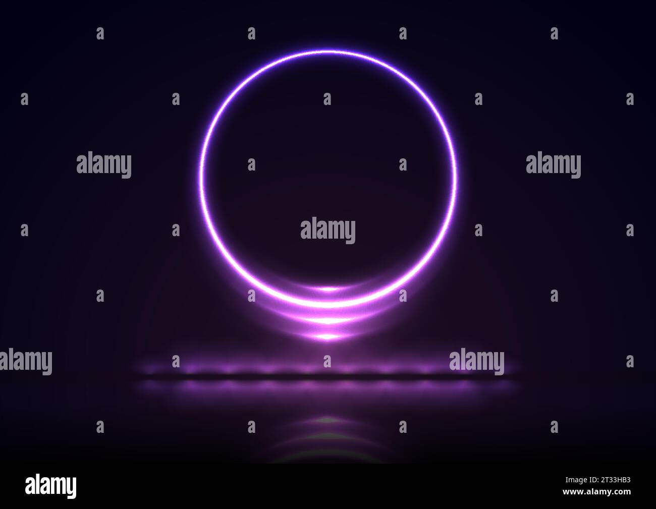 Glowing violet round neon sign with reflection. Abstract technology ...