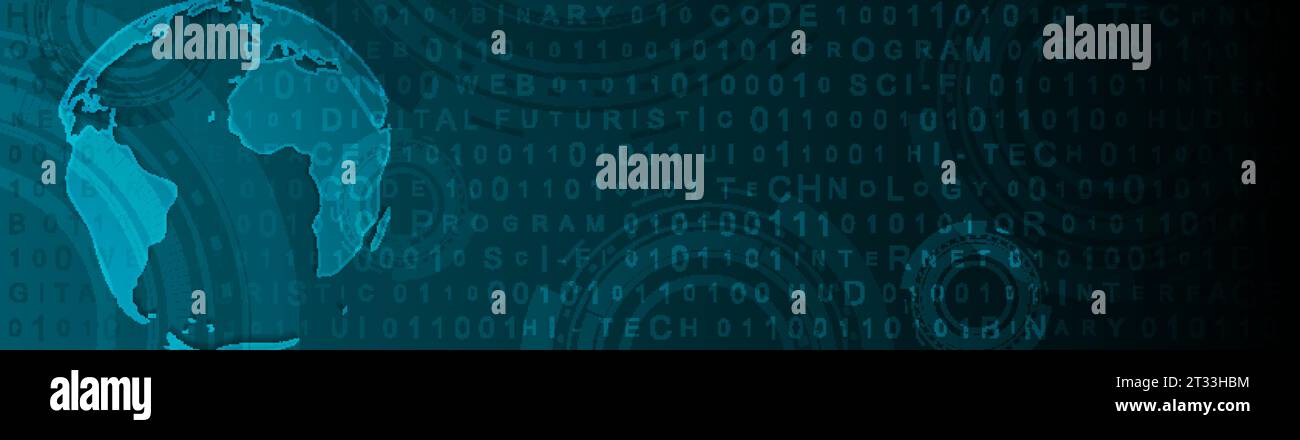 Dark blue technology science banner with globe and HUD gears. Abstract ...