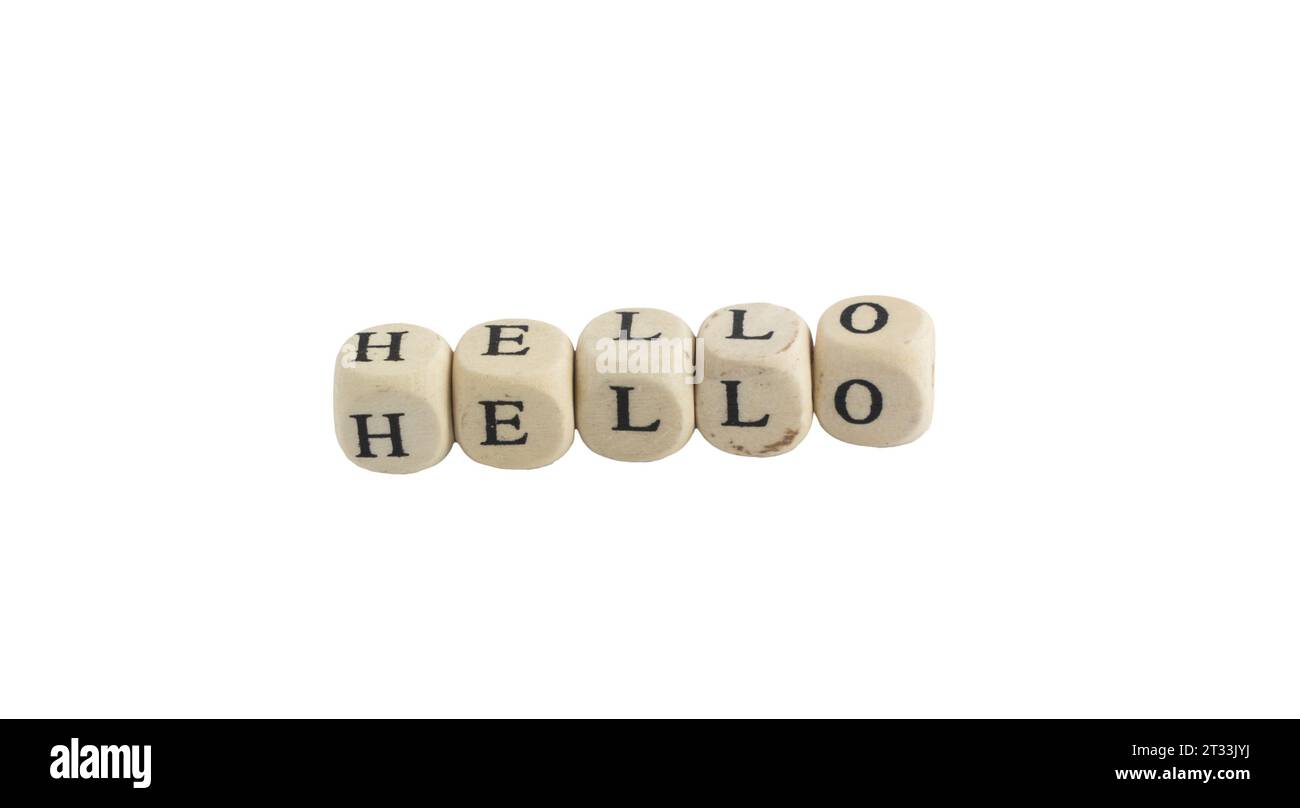 the word Hello on some wooden cubes on a transparent background Stock ...