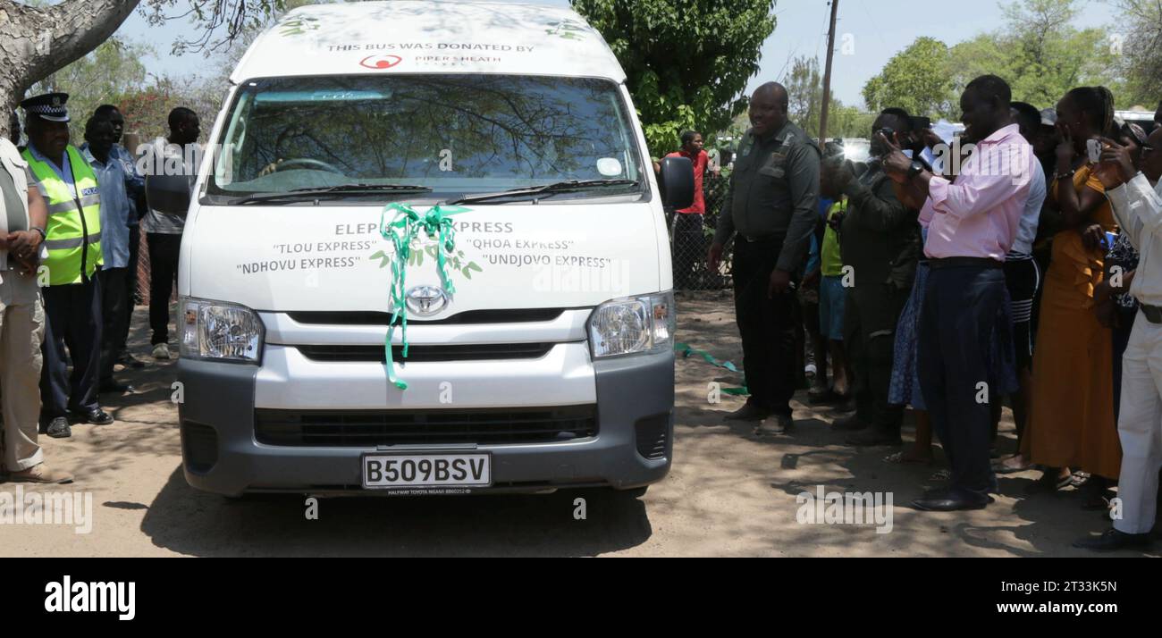 Seronga, Botswana. 22nd Oct, 2023. Locals welcome a new elephant ...