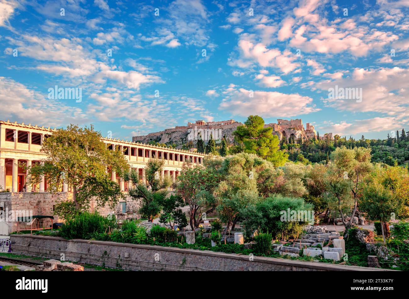 The Stoa of Attalos and the Ancient Agora, with the Acropolis Hill in ...