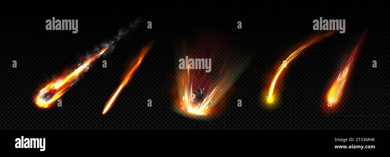 Comet or meteor trail and magic fire effect vector. Asteroid fireball ...