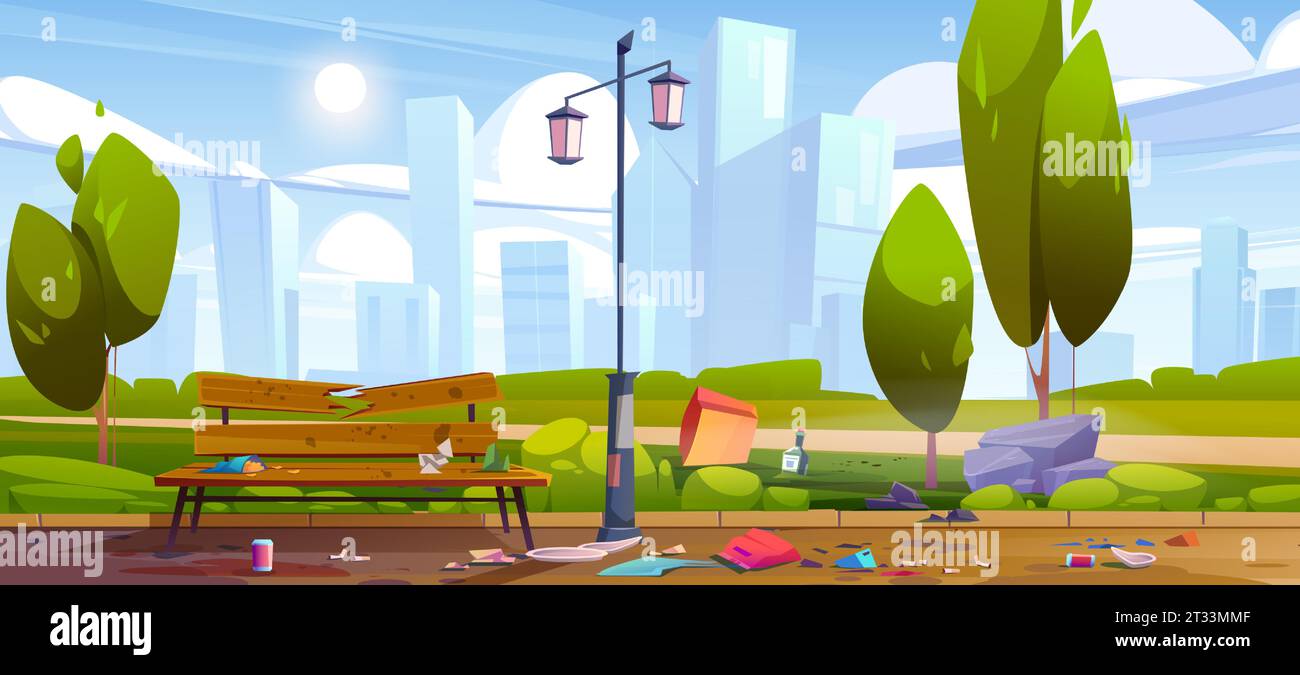 Abandoned public city park with broken bench and scattered garbage ...