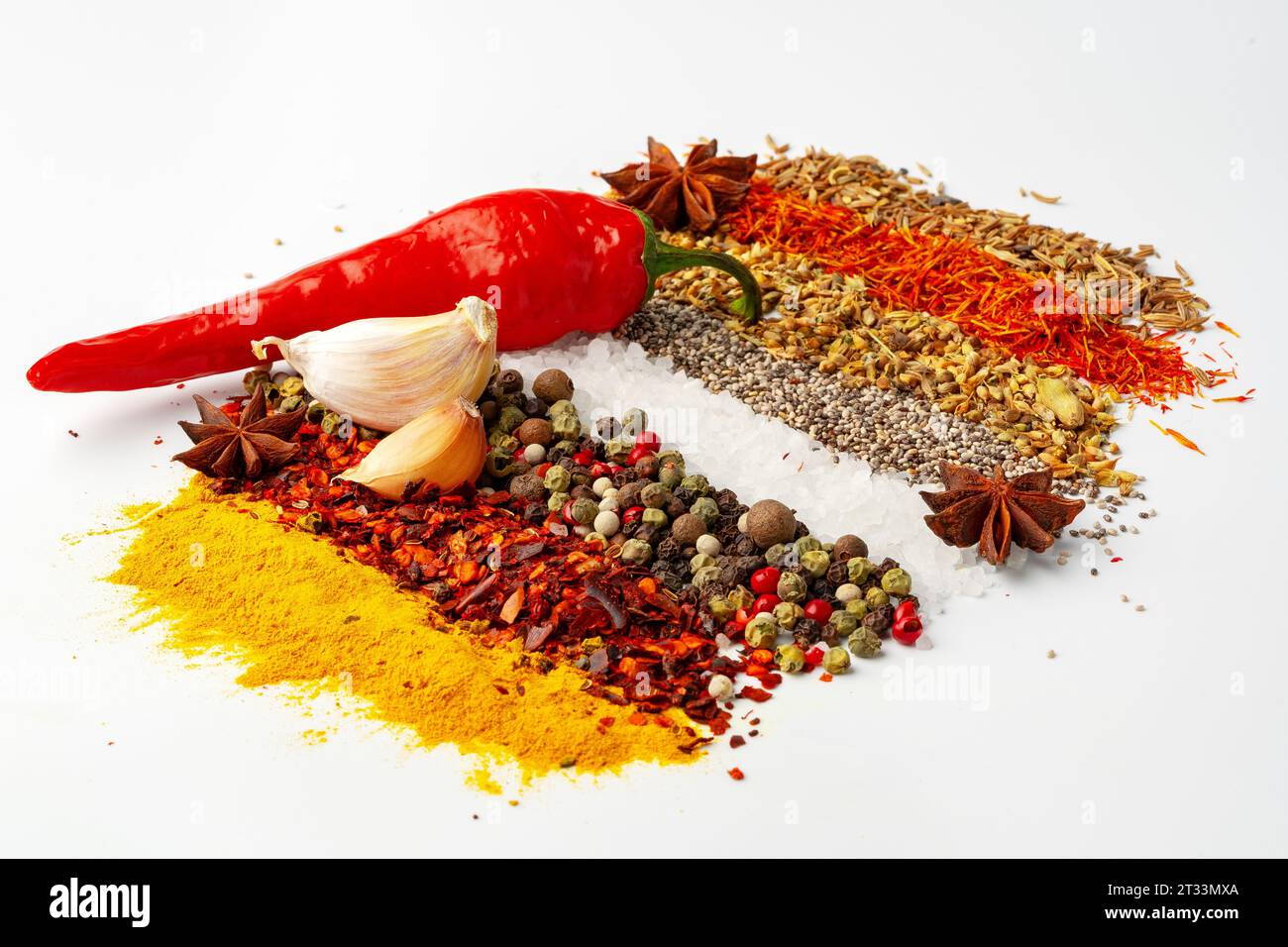 Rows of different spices on white background Stock Photo - Alamy