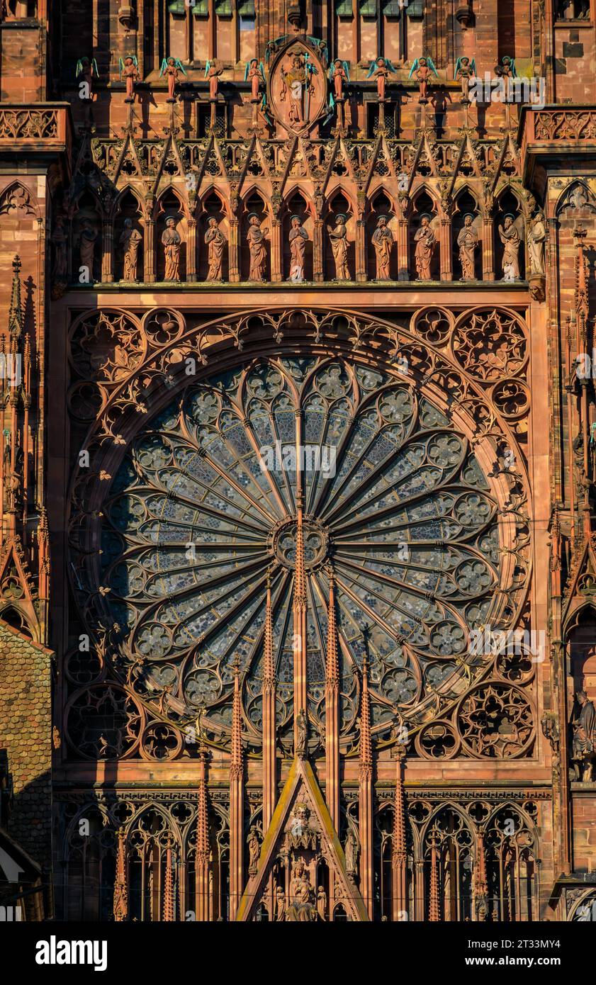 Ornate Gothic facade and the rose window of the Notre Dame Cathedral in ...
