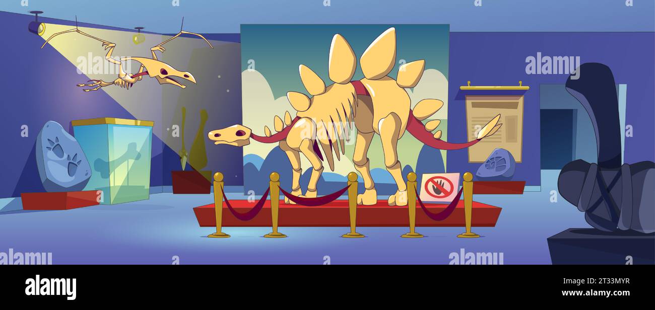 Museum exhibit with stegosaurus dinosaur fossil. Pterodactyl animal ...