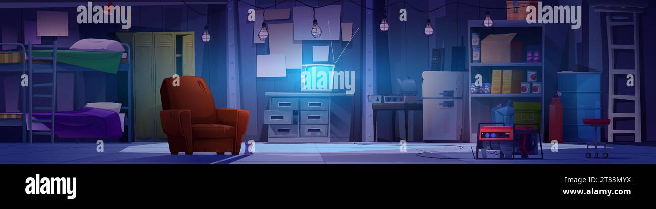 Bunker basement room interior. Vector cartoon illustration of dark ...
