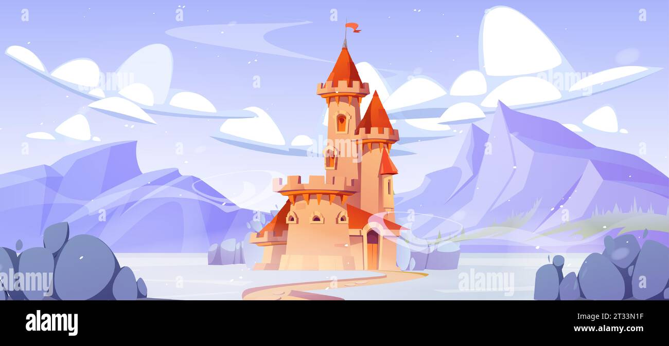 Fairytale king castle near rocky mountains in winter under snow ...