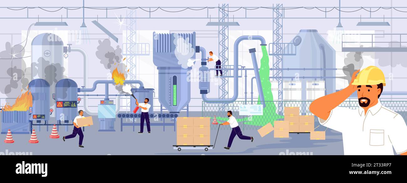 Accident on plant vector illustration with shocked engineer face Stock ...