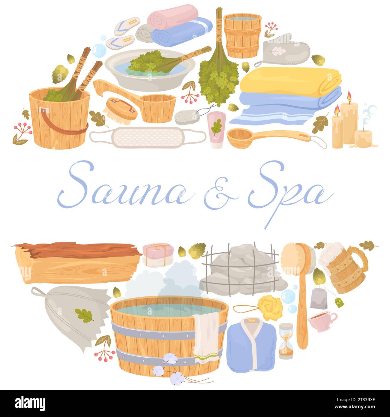 Sauna and spa advertising poster with different tools and equipment ...