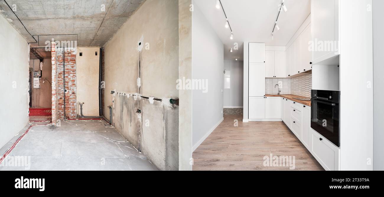 Photo collage of old apartment and new renovated room with parquet ...