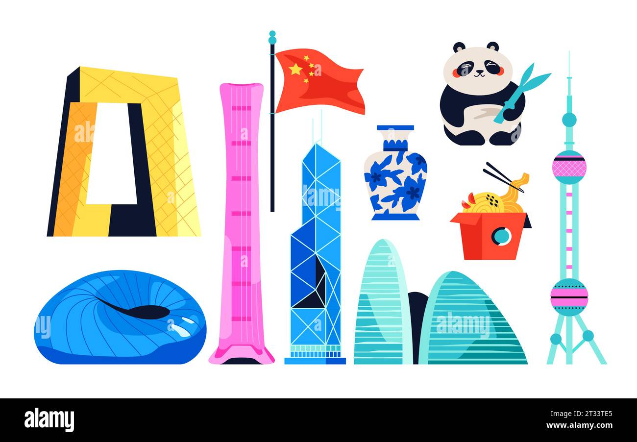 Modern Buildings In China Flat Design Style Objects Set Stock Vector