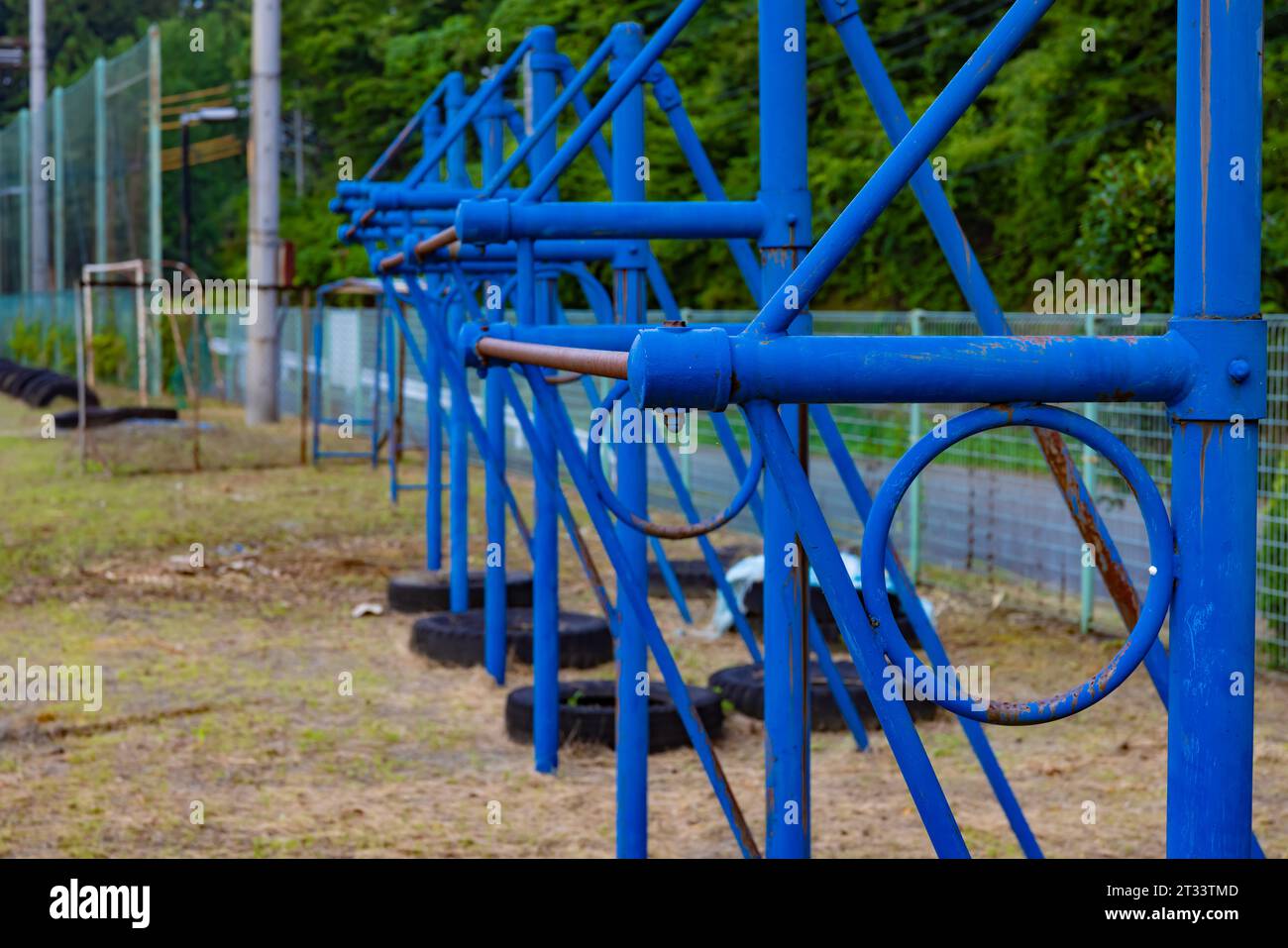 A playground equipment of the closed elementary school ground close up ...