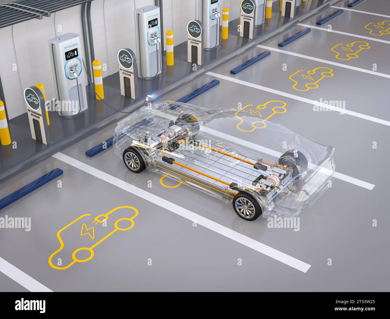 3d rendering transparent ev car or electric vehicle plug in with ...