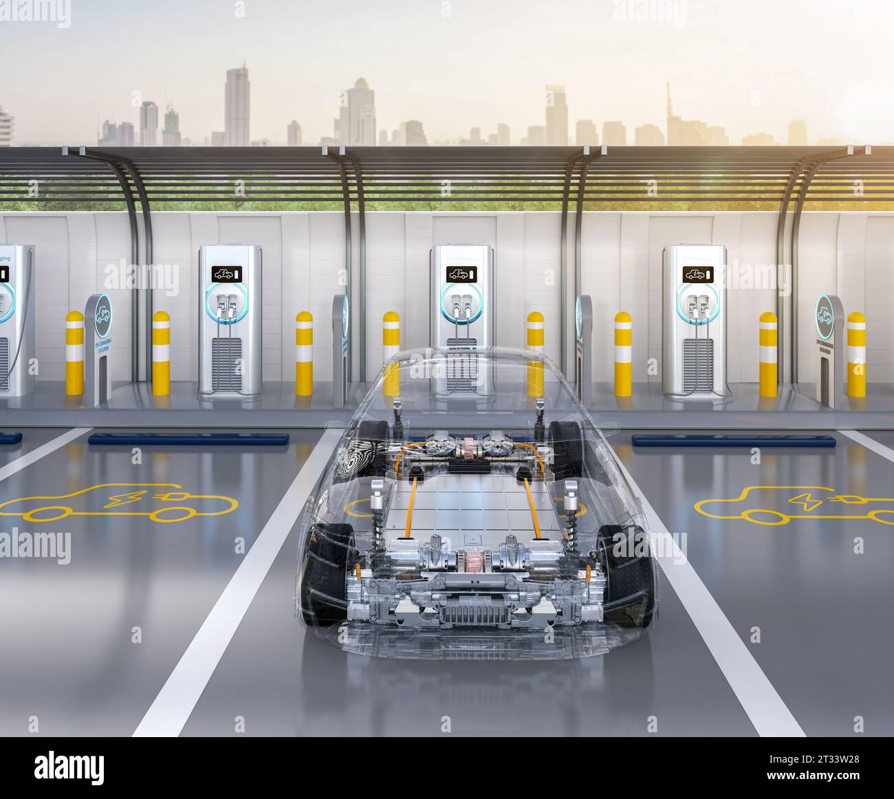 3d rendering transparent ev car or electric vehicle plug in with ...