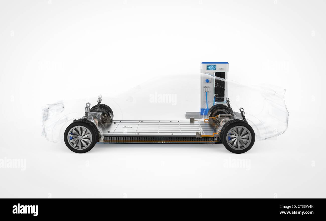 3d rendering transparent ev car or electric vehicle plug in with ...