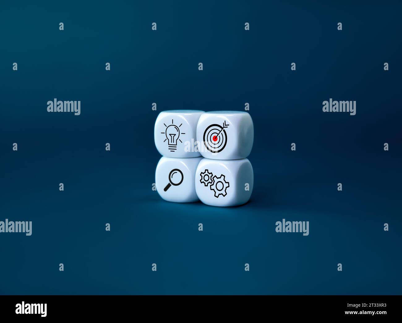 Business strategy and action plan icon on four white cube blocks stack ...