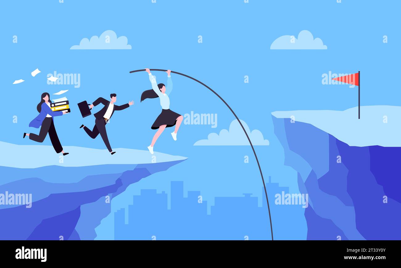 Business people runs and jumps pole vault over graph bars flat style ...