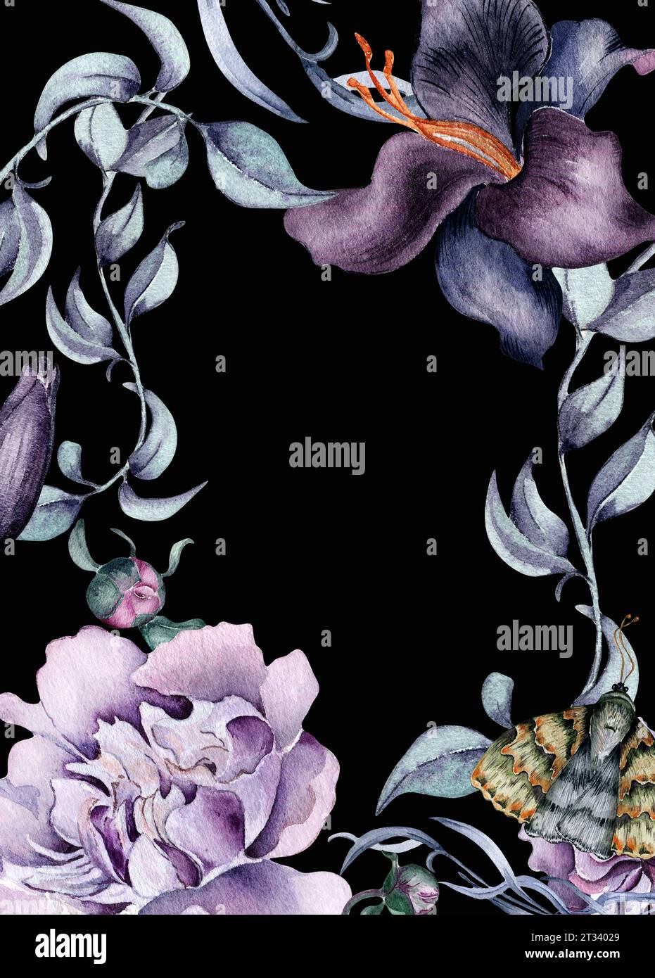 Watercolor frame of purple pink lily flowers isolated on black. Gothic ...