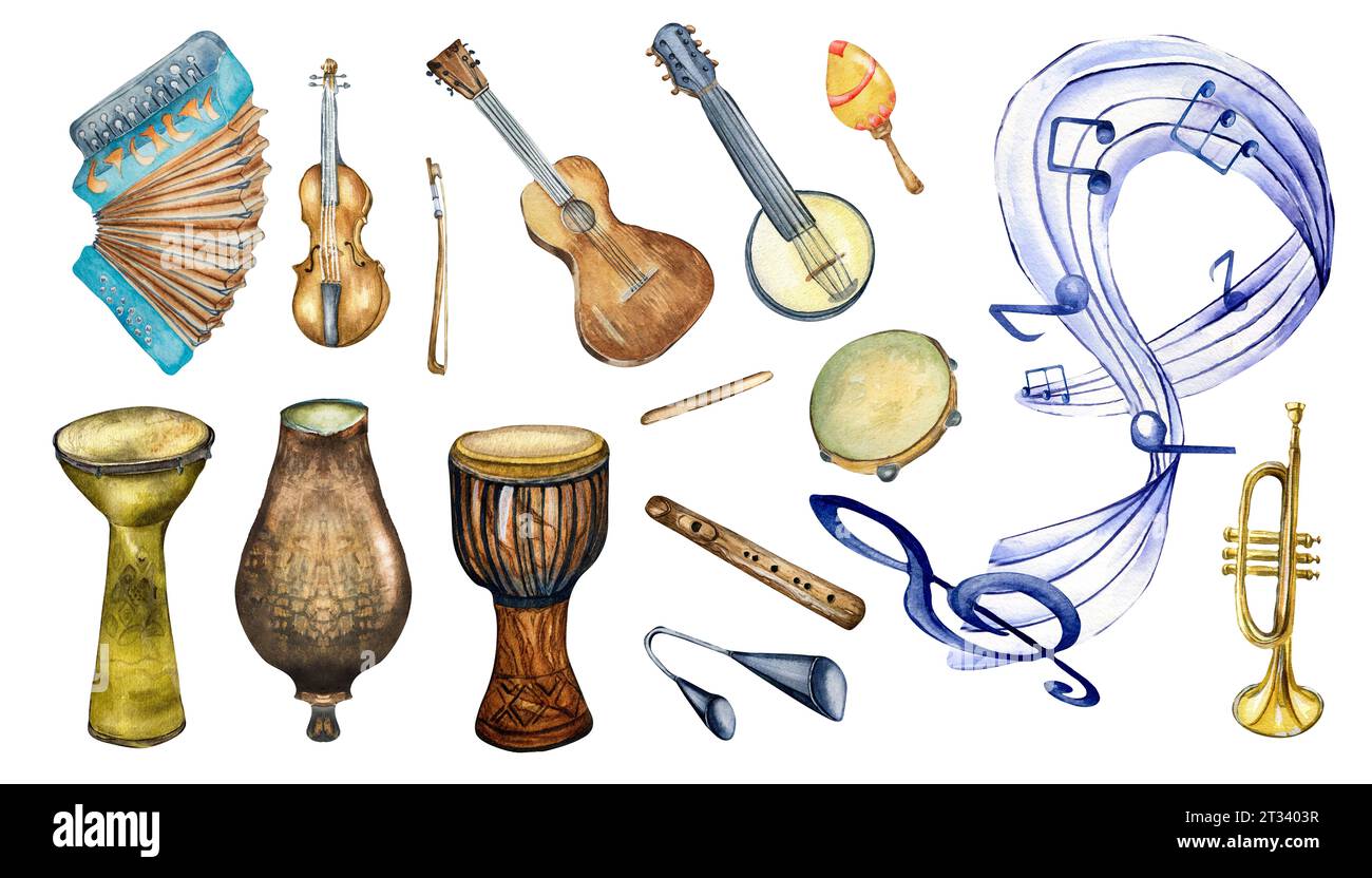 Set of Latin folk musical instruments watercolor illustration isolated ...