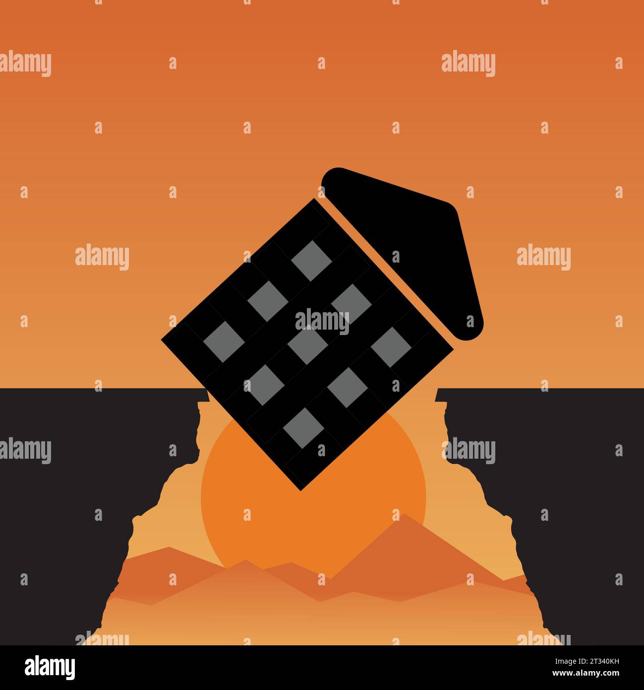Silhouette of a block of flats falling off a cliff at sunset Stock ...