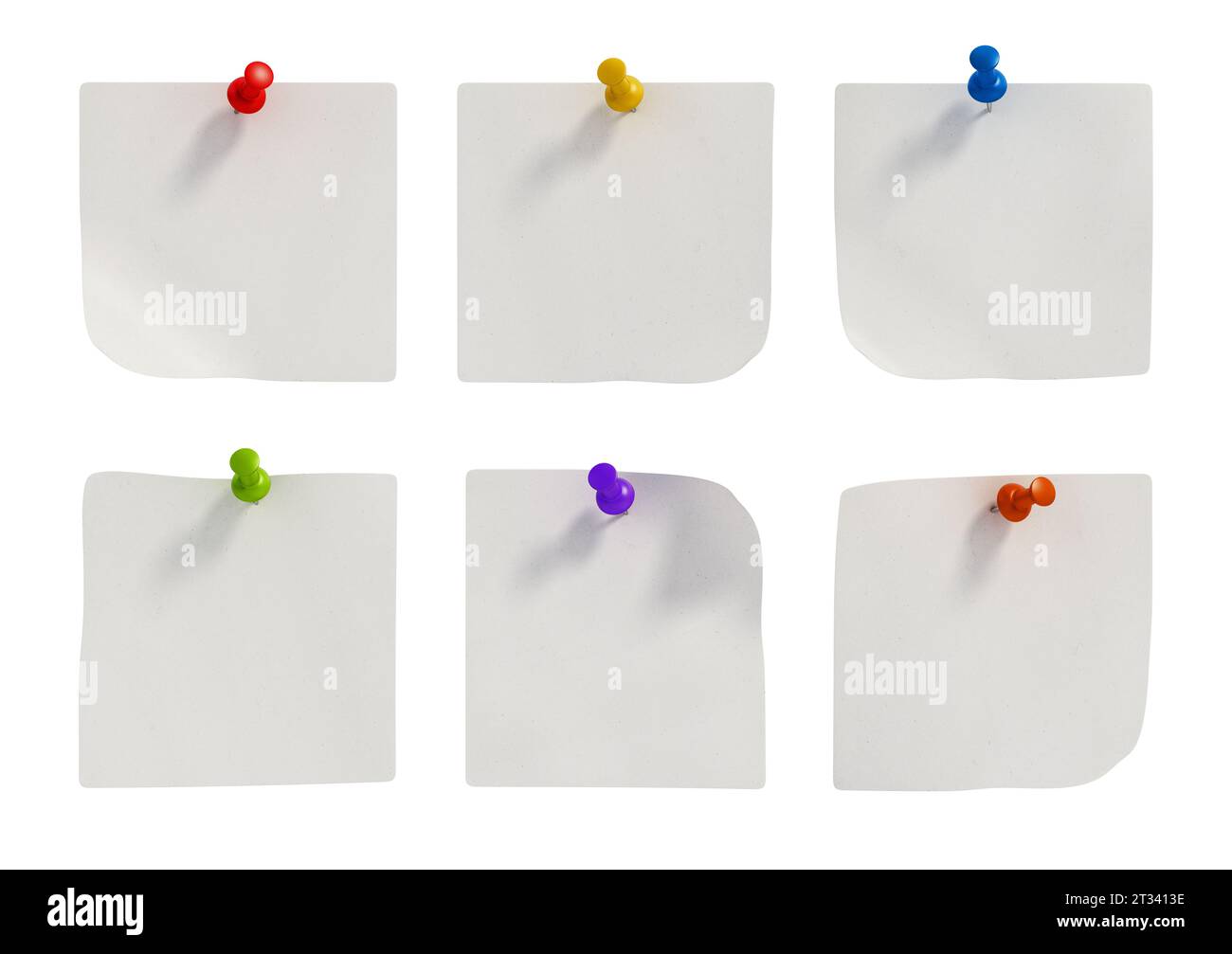 Note papers with colored pushpins isolated on white background. 3D ...