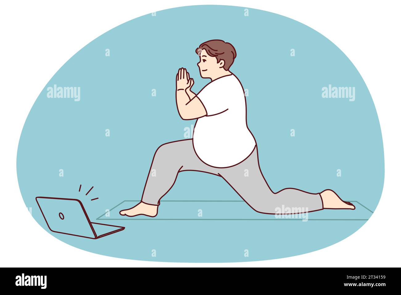 Fat man in sportswear training on mat with online video lesson on ...