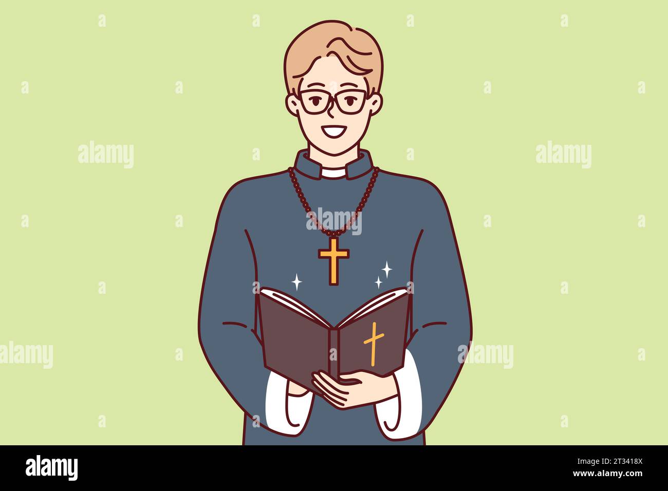Happy man priest with bible and golden cross on neck smiles preaching ...