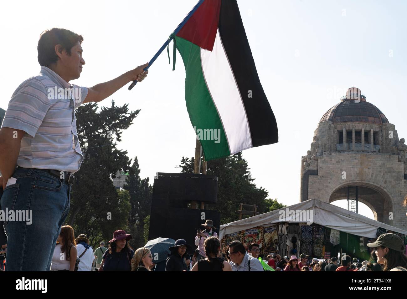 Pro-Palestine march, Mexico City, Mexico. 22nd Oct, 2023. a man waves a ...