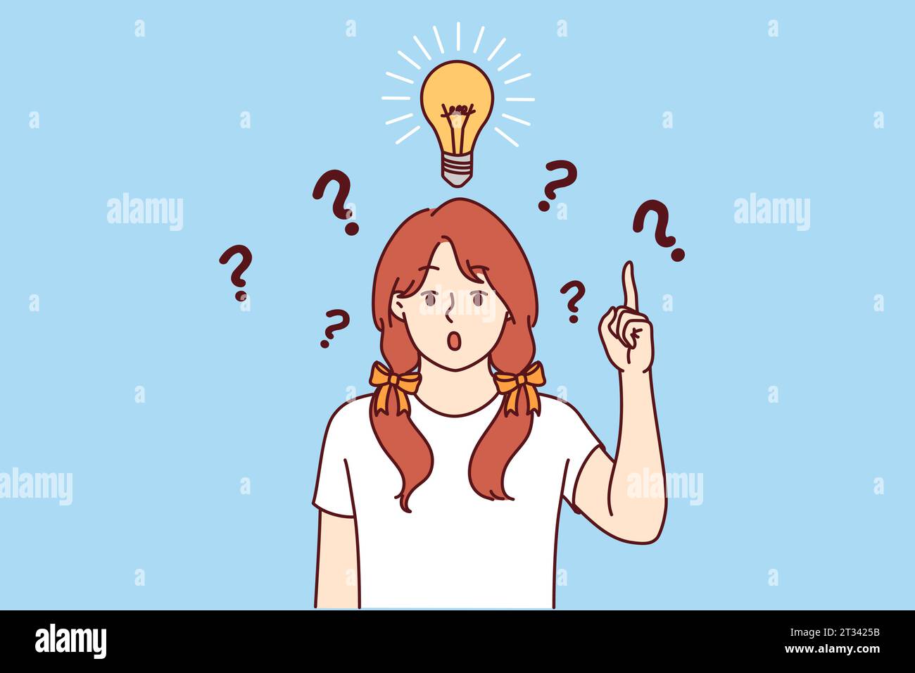 Little girl with light bulb above head says eureka and points up ...