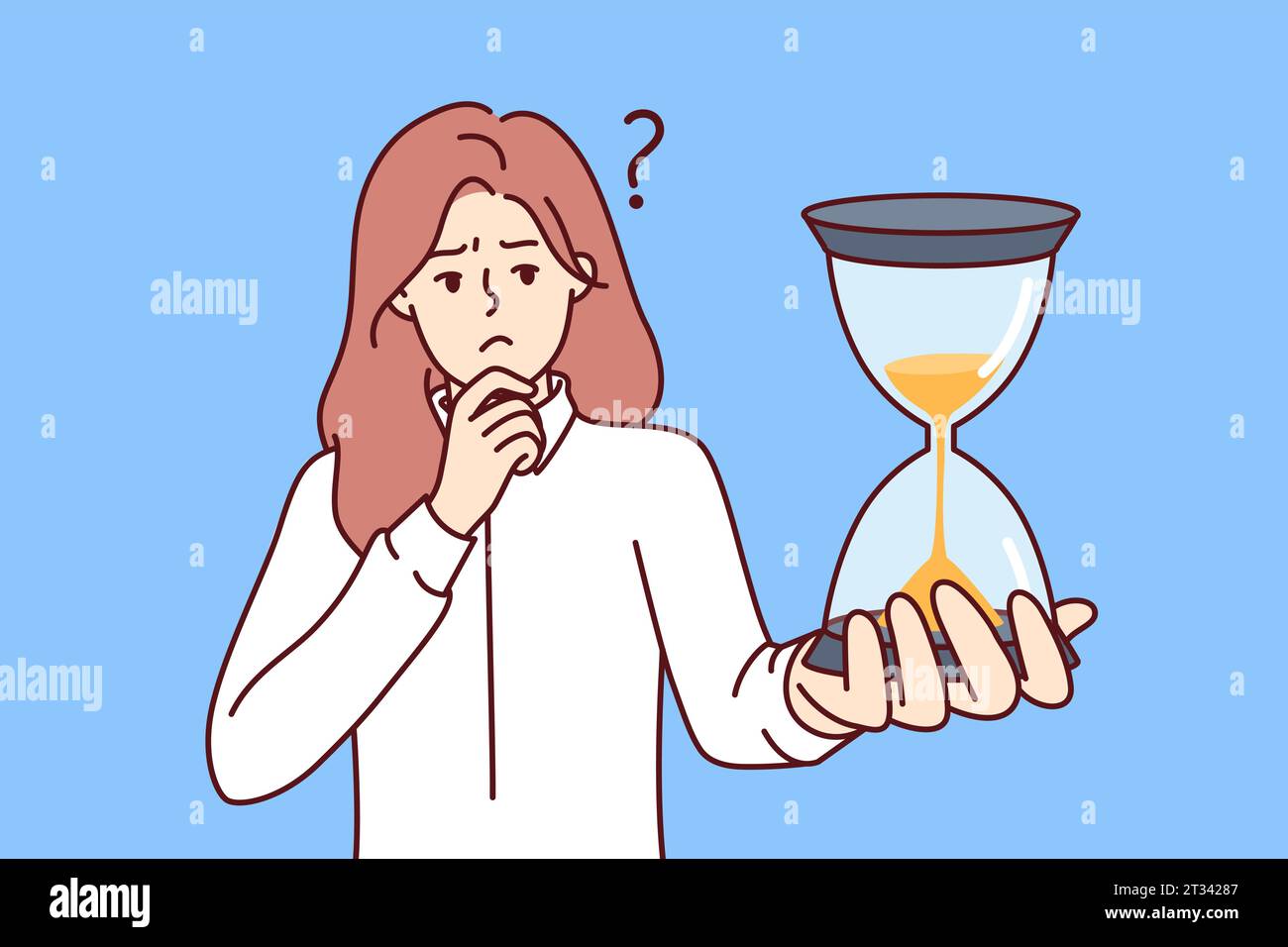 Pensive woman holding hourglass and scratching chin feeling discomfort ...