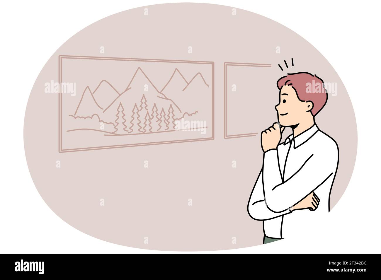 Happy young man look at paintings in museum. Smiling guy stare at ...