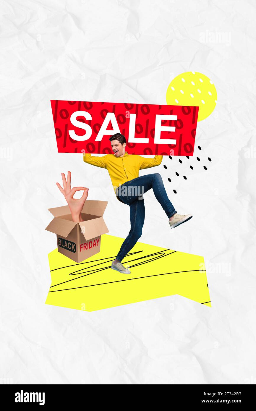 Full length photo collage of funky man holding big red banner sale ...