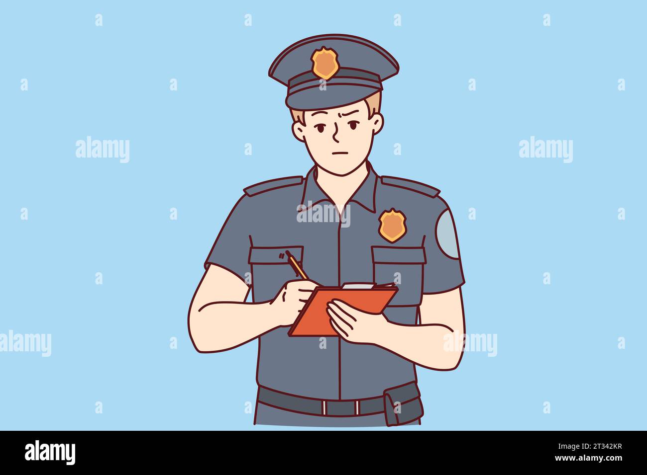 Man detective in police uniform takes notes in notebook and recording ...