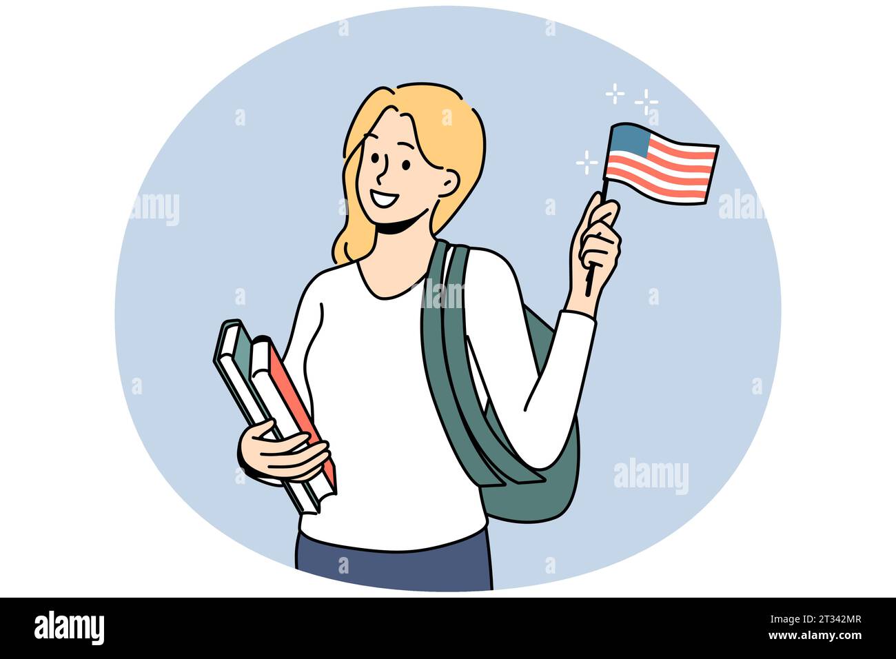 Smiling girl student with backpack and books holding American flag in ...