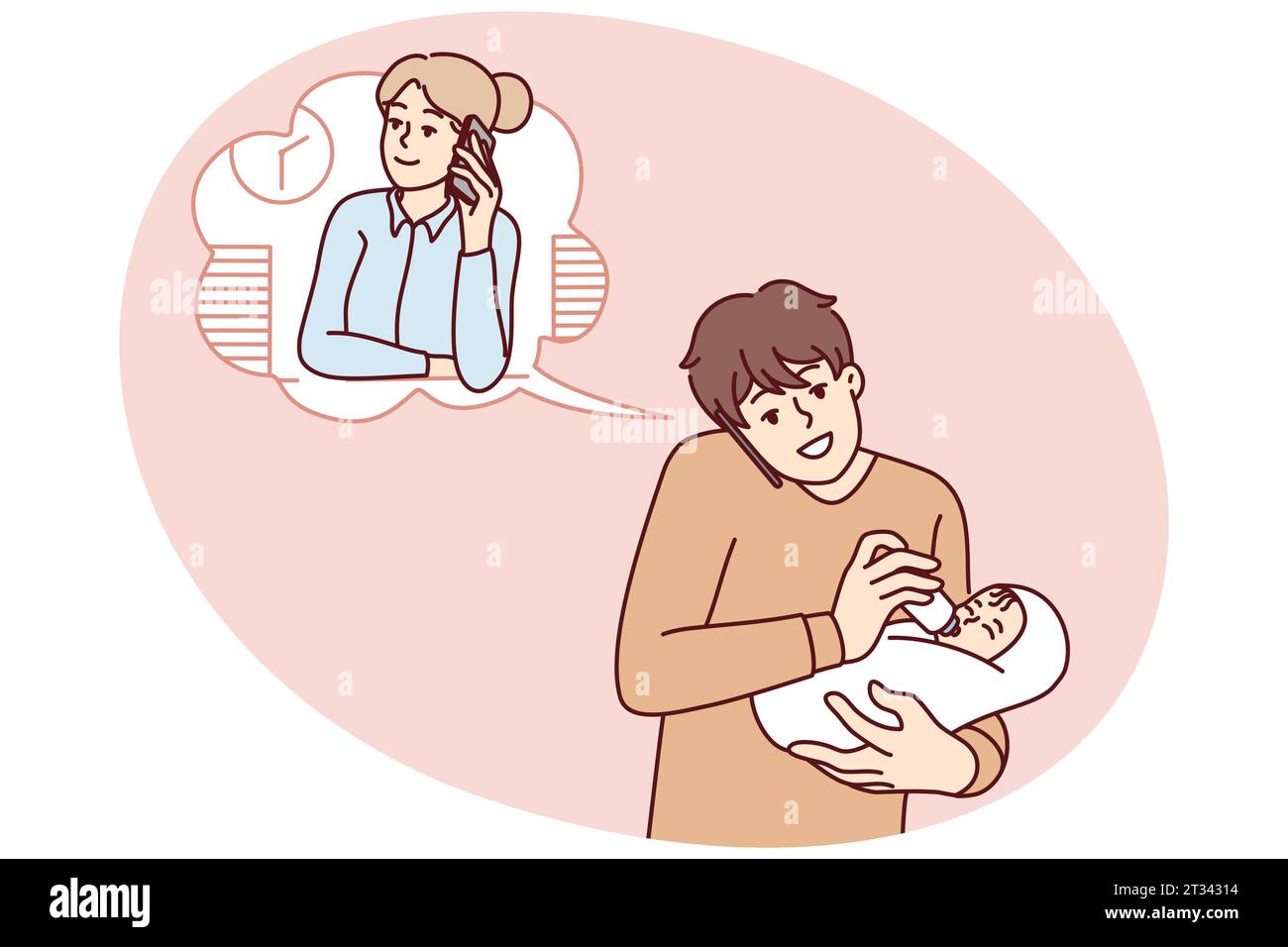 Young father feed baby infant talk with wife working in office on phone ...