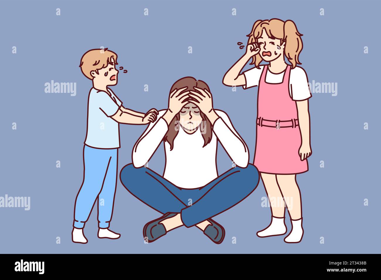 Crying children near upset mother suffering from financial problems and ...