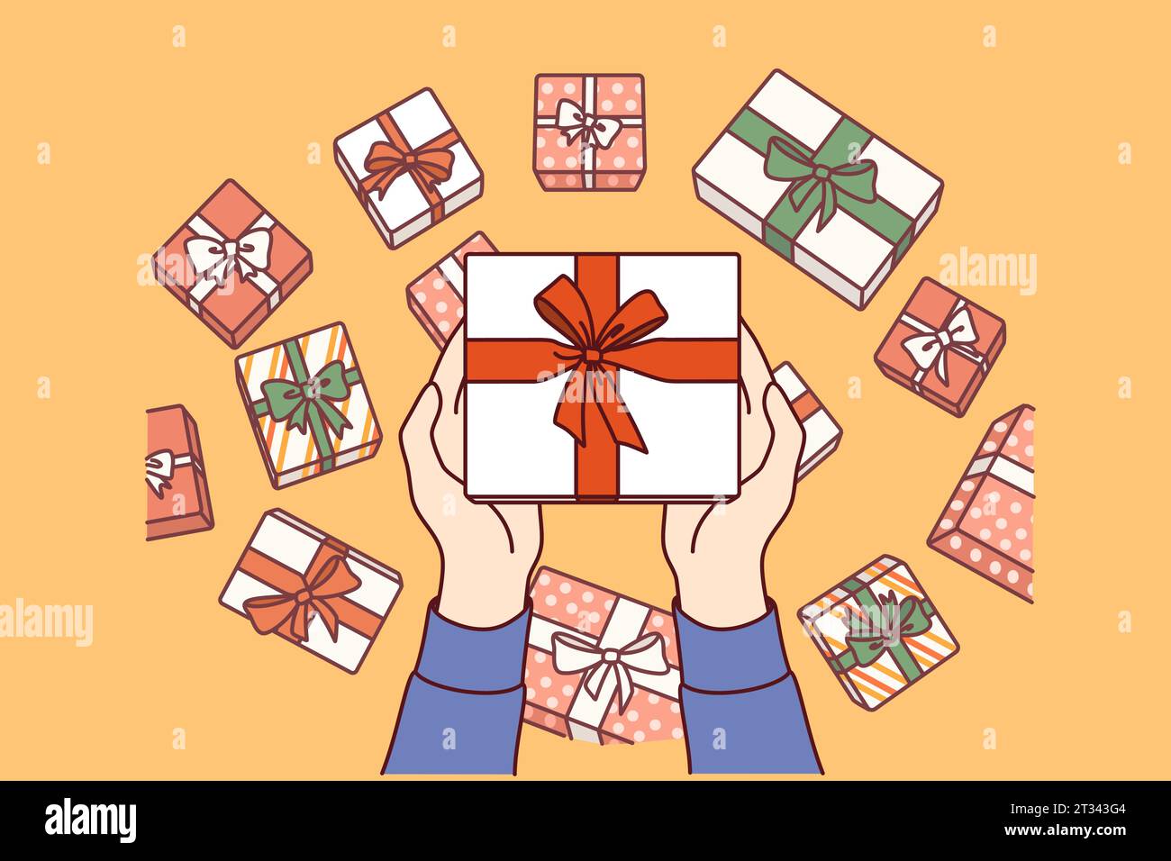 Gift box wrapped in red ribbon and bow in hands of man demonstrating ...