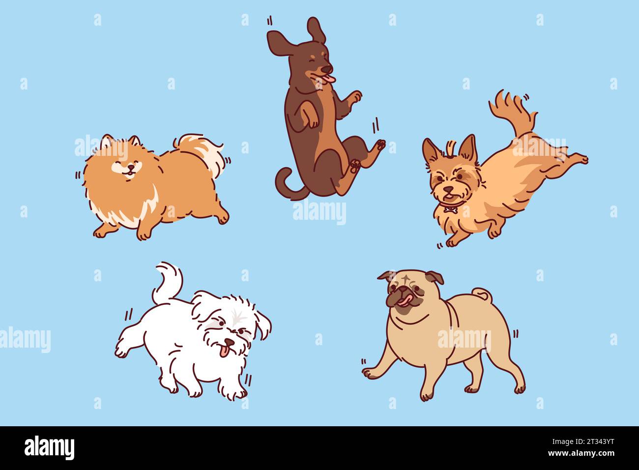 Dogs and puppies of different breeds fly in air with various emotions ...