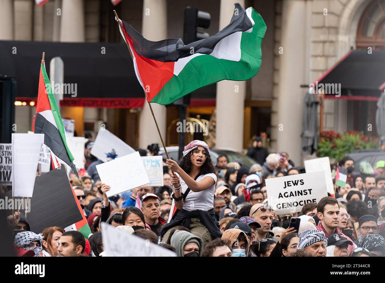 A young girl sits above the line of the crowd waving a Palestinian flag ...