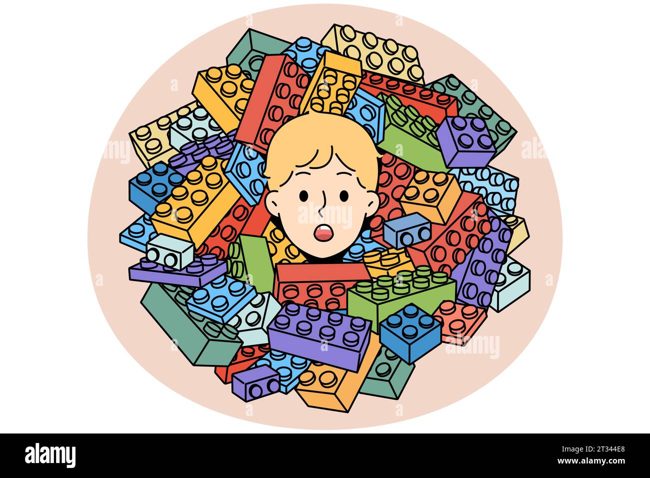 Cute boy child head in pile of Lego constructor. Stunned small kid ...