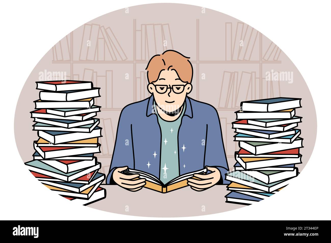 Smart young man in glasses sit in library with pile of books reading ...