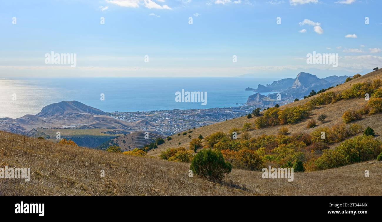 Panoramic view of Sudak valley from slope of Ai-Georg mountain, Sudak ...