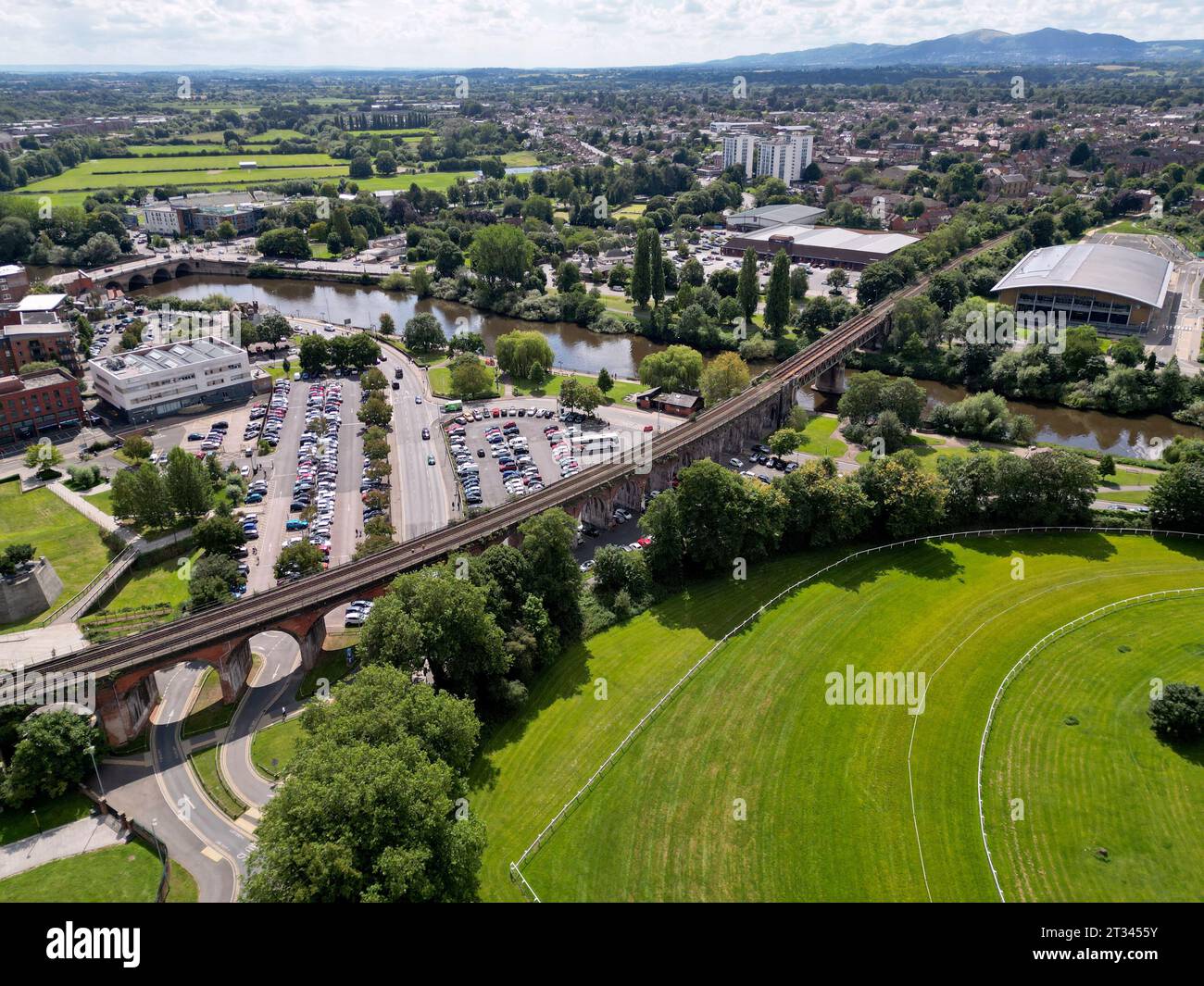 Aerial drone view of Worcester showing the River Severn, railway ...