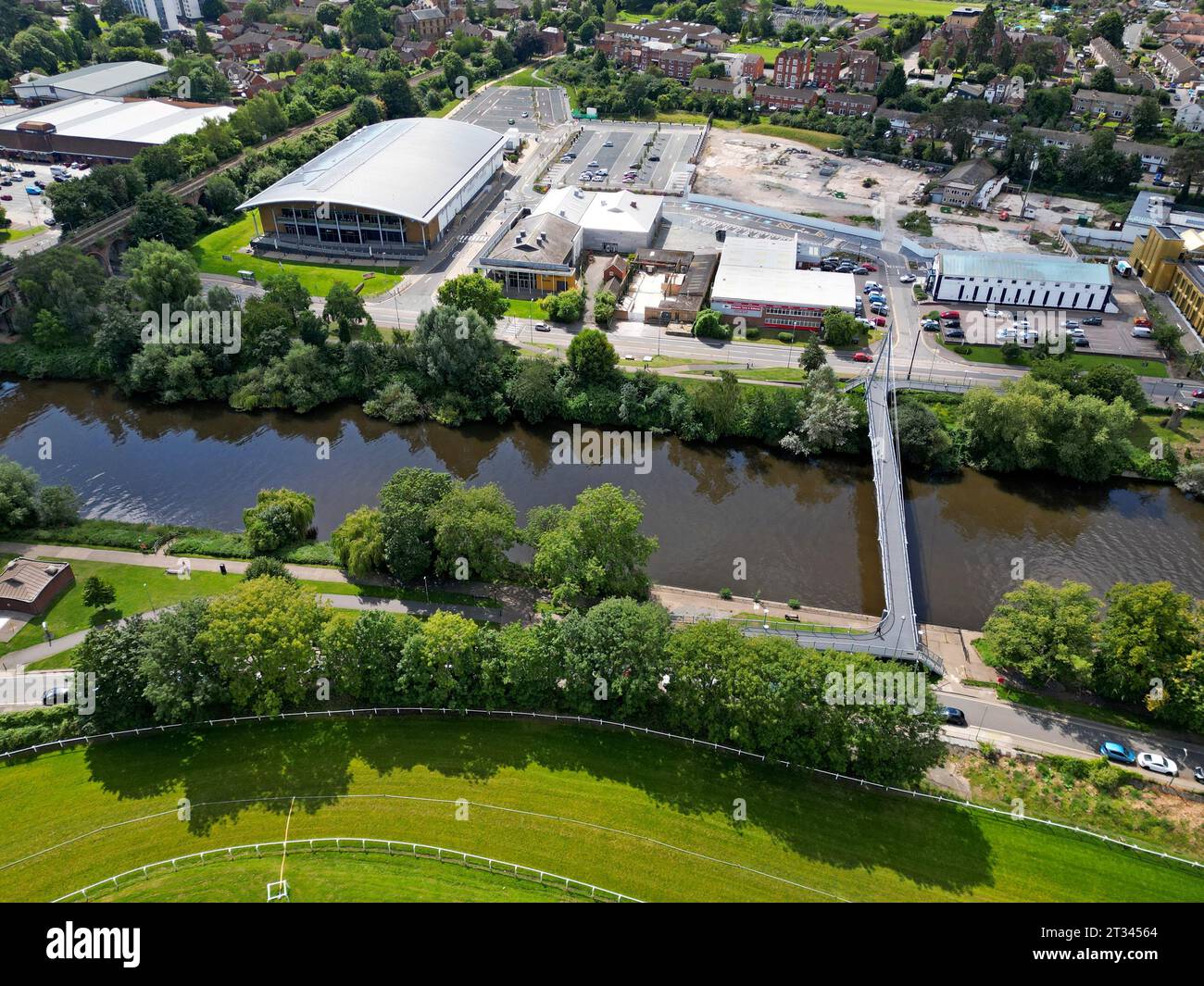 Aerial drone view of Worcester showing the River Severn, railway ...