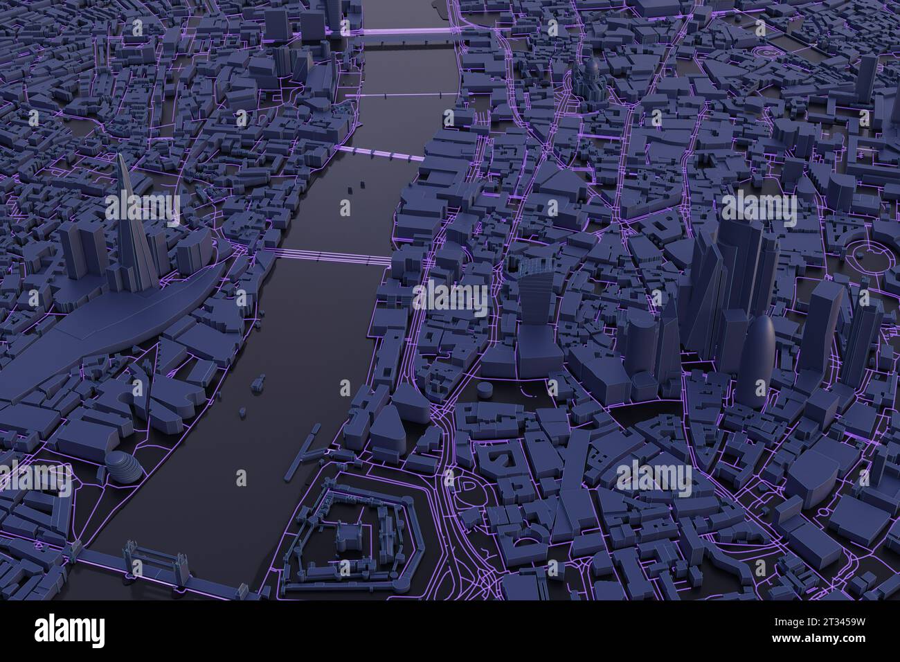 Aerial view of downtown London, UK. Low poly miniature city with dark ...