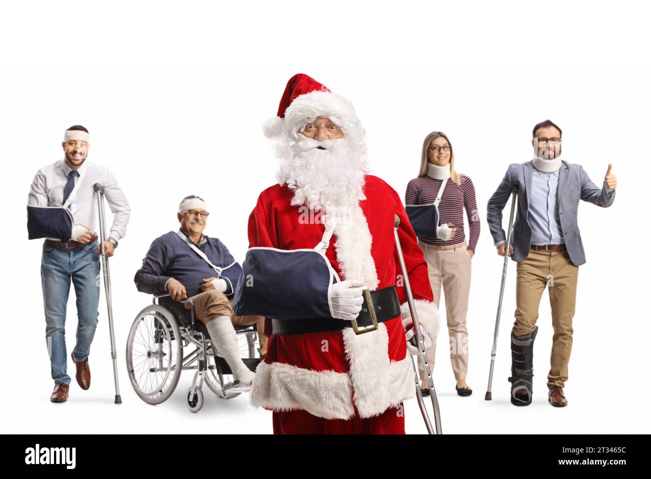 Santa claus with injured arm leaning on a crutch in front of other ...